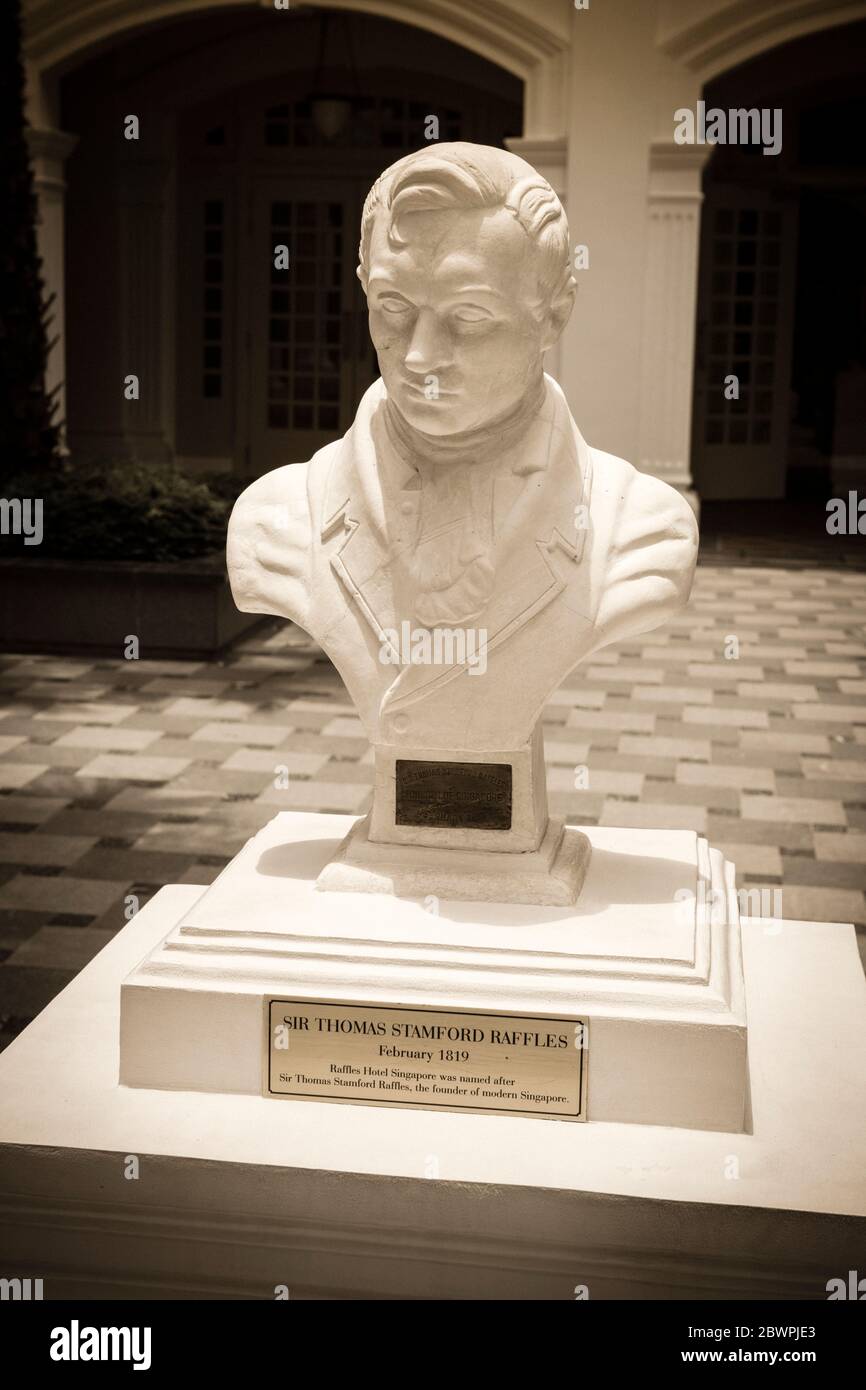 Marble statue of Sir Thomas Stamford Raffles (founder of modern Singapore) at the Raffles Hotel ...