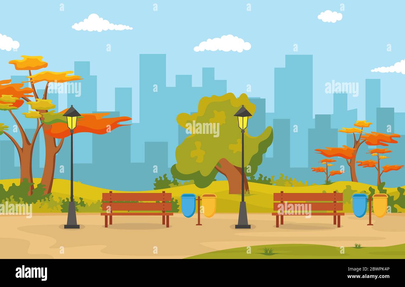 Beautiful City Park in Fall Autumn with Building Skyline Illustration ...