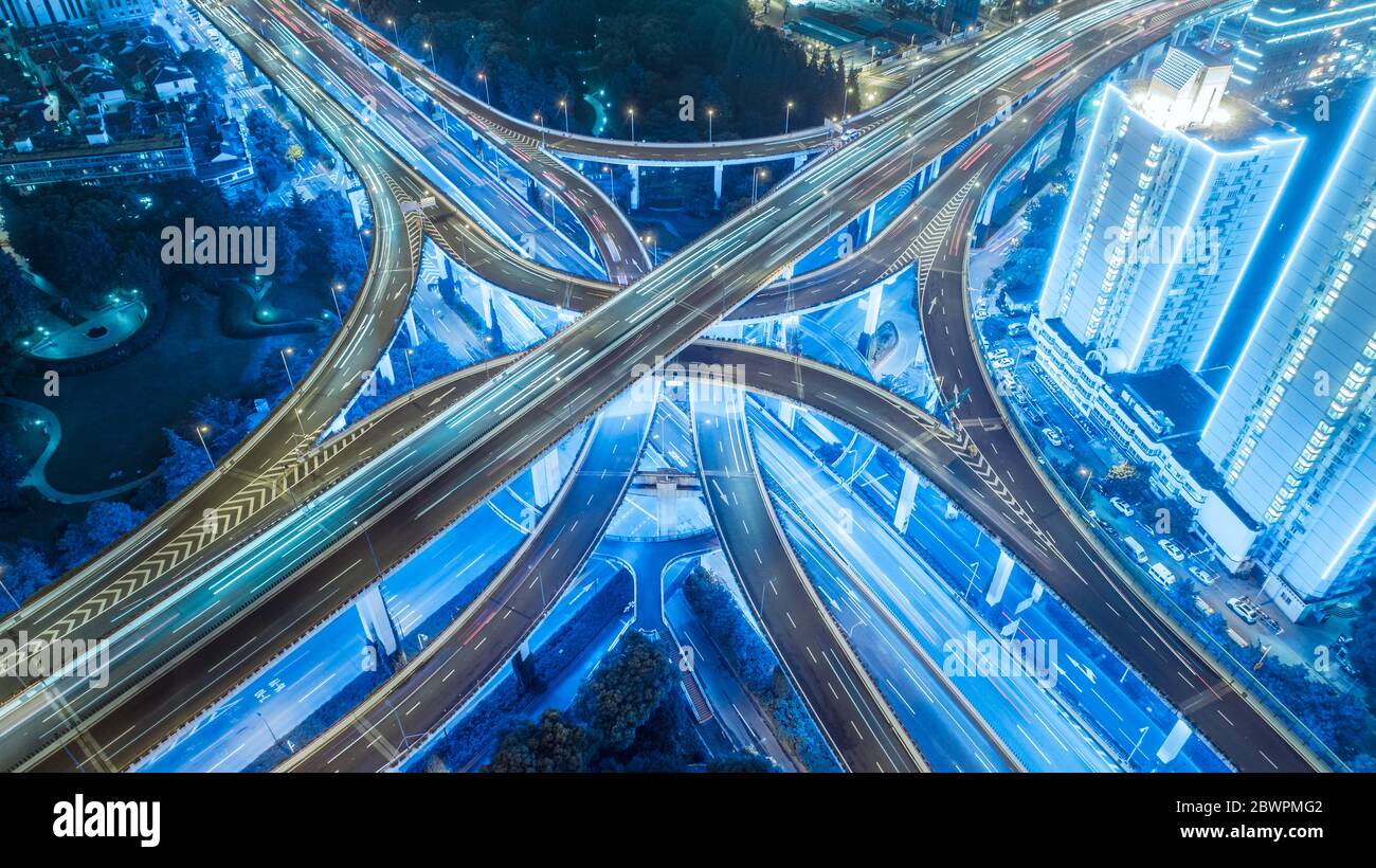 aerial view of highway interchange at night Stock Photo - Alamy
