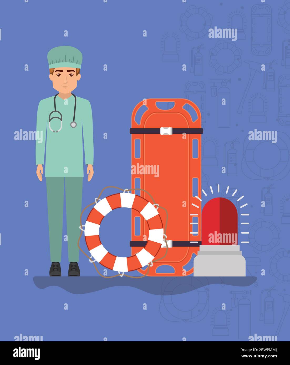 Doctor with stretcher lifebuoy and siren vector design Stock Vector ...