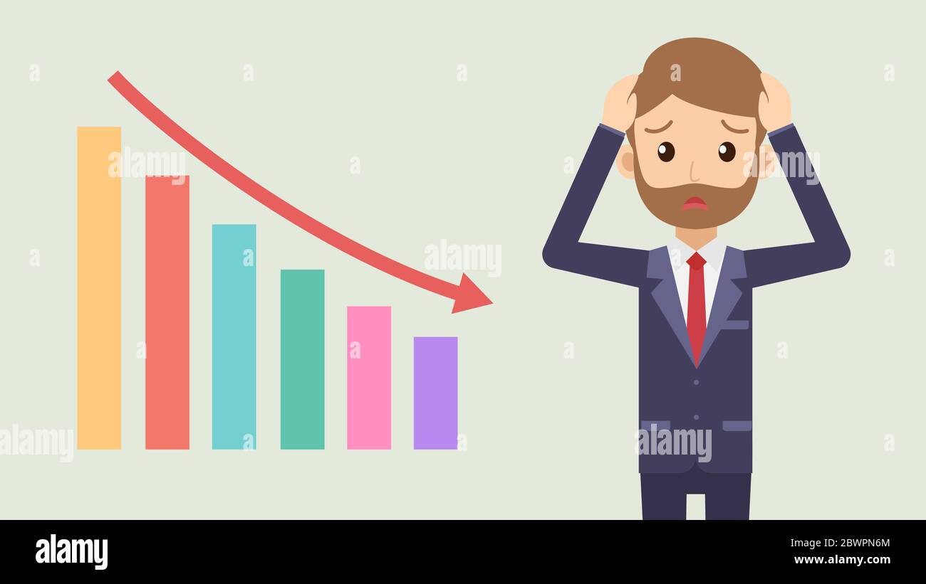 Stressful businessman with graph falling down - Vector illustration ...