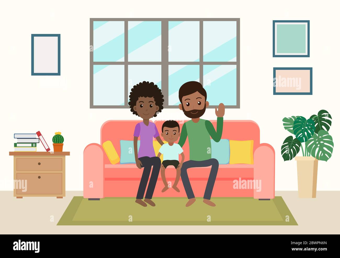 Cartoon happy african family stay home on sofa in the living room ...