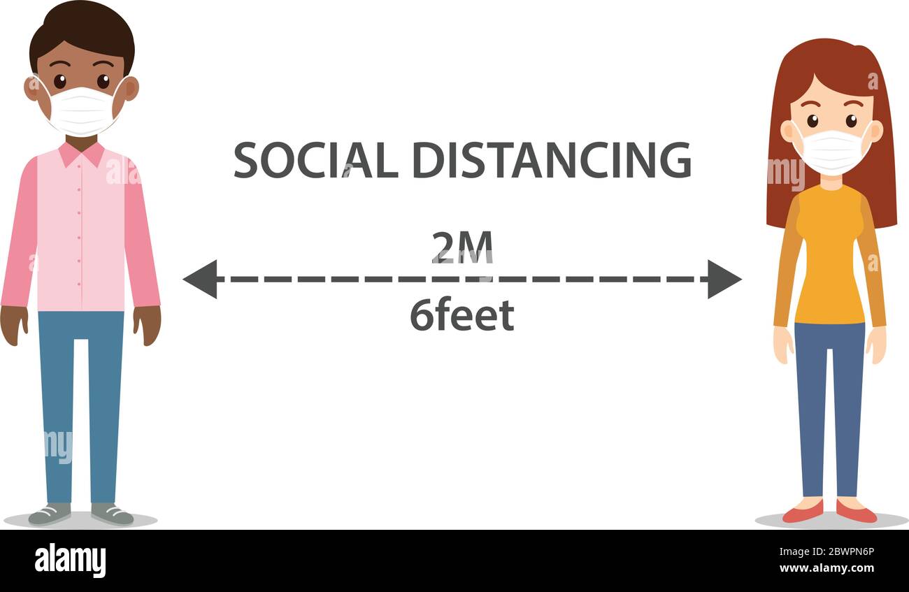 Social distancing man and woman character wearing medical mask maintain ...