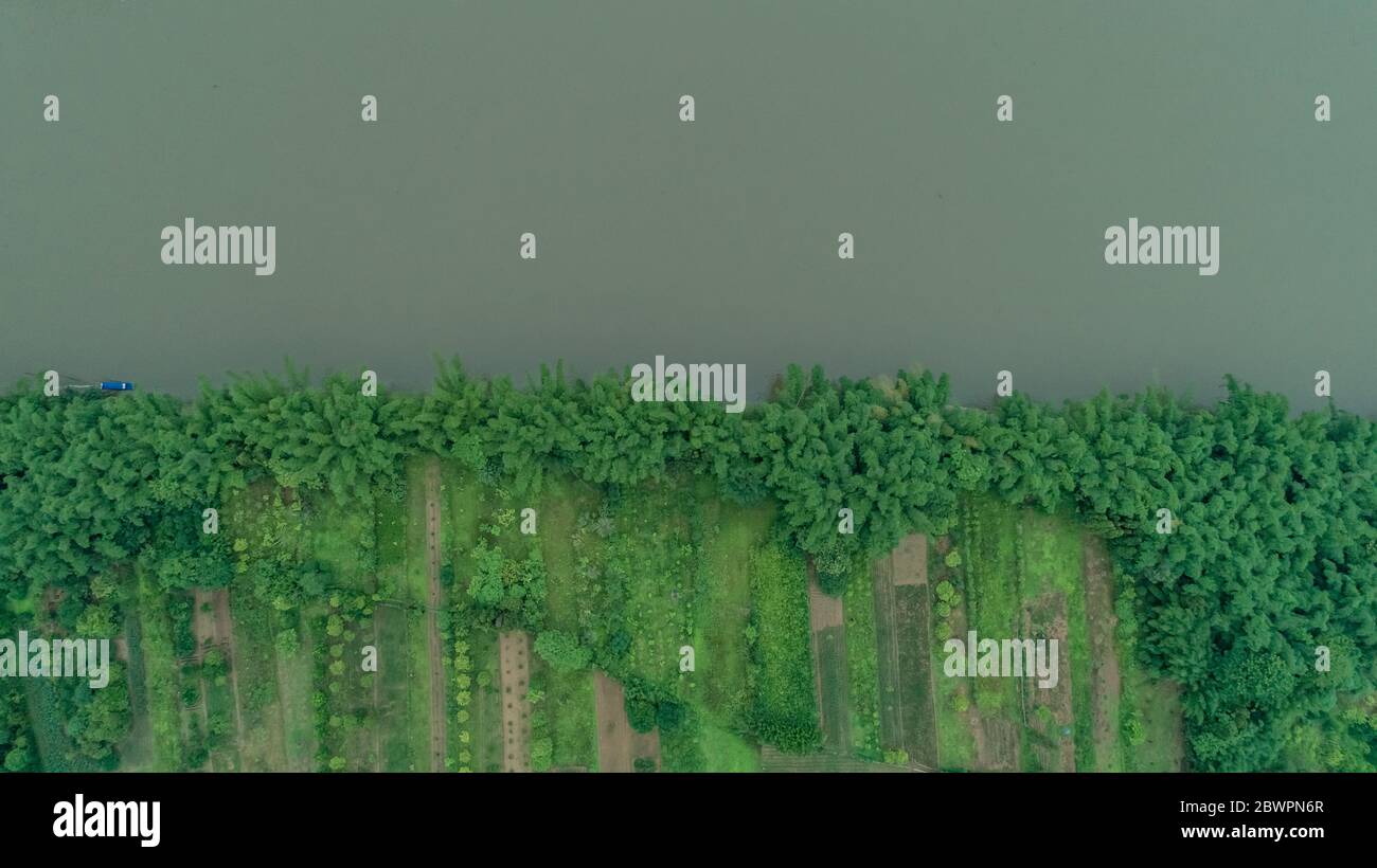 Static vertical top down aerial view of farmland and river Stock Photo ...