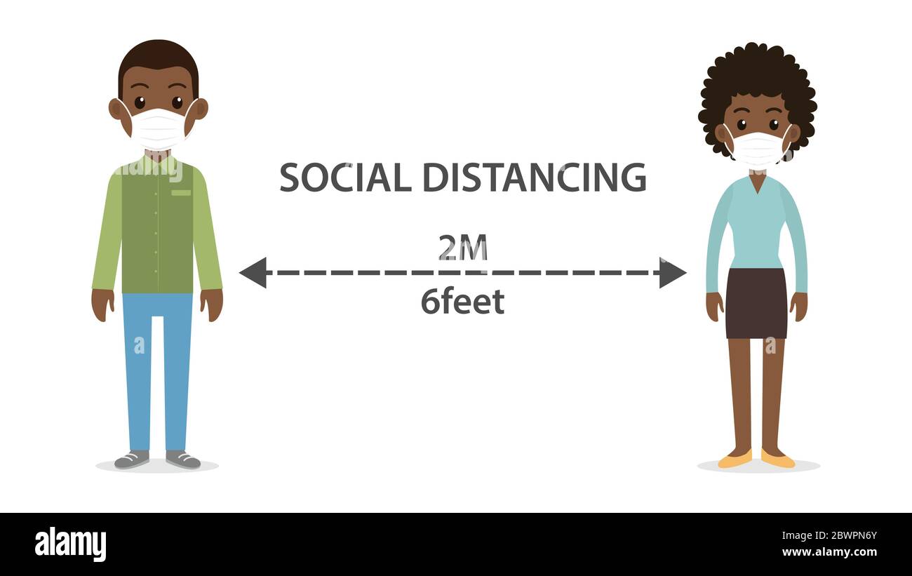 Social distancing man and woman character wearing medical mask maintain ...