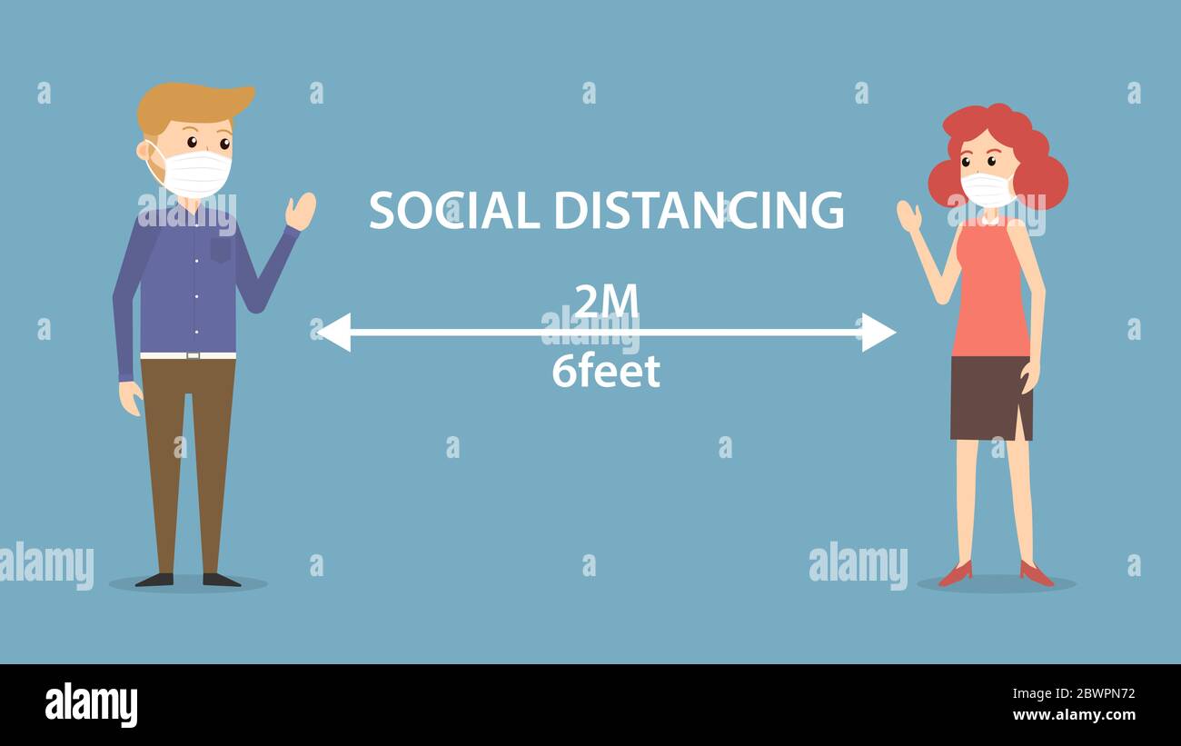 Social distancing man and woman character wearing medical mask maintain ...