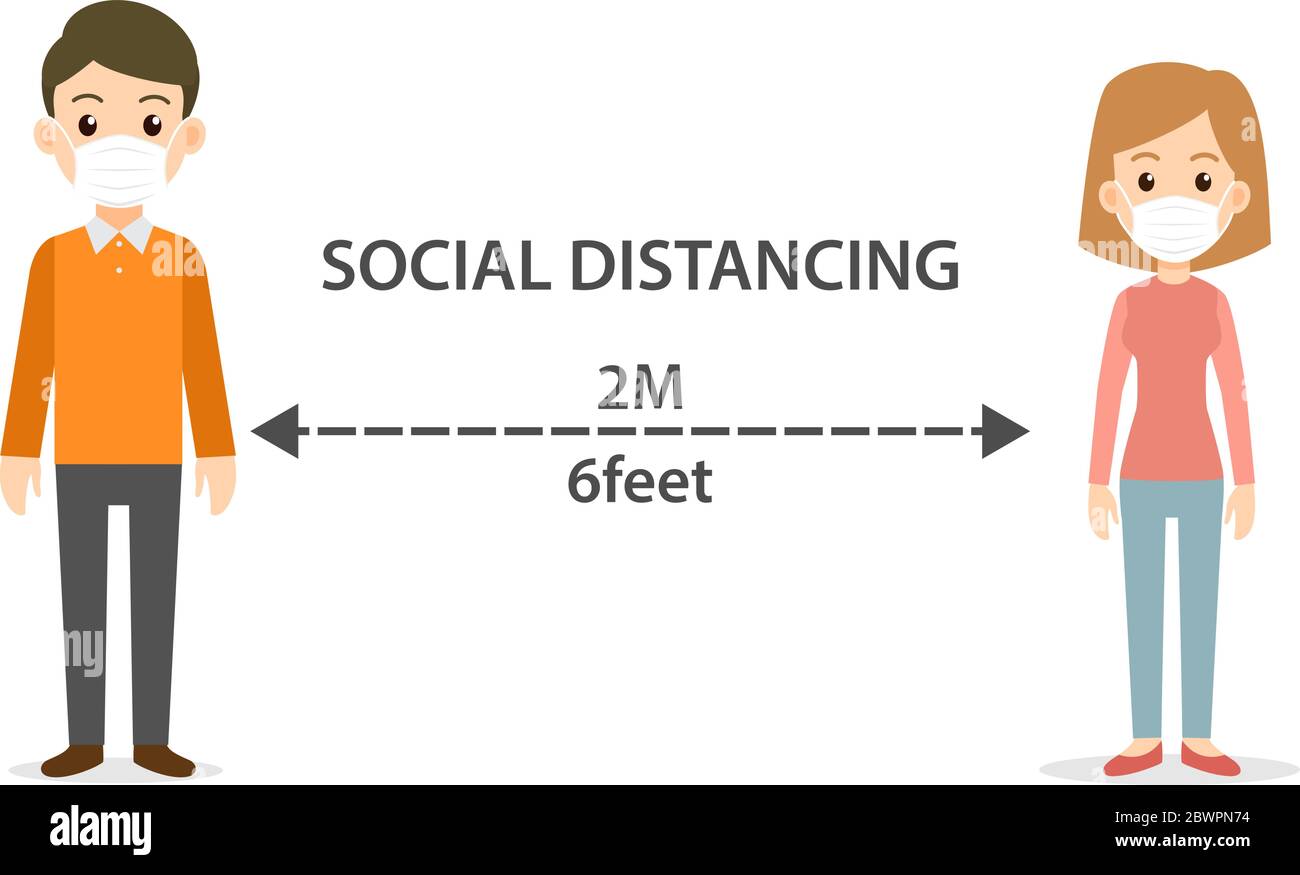 Social distancing black man and woman character wearing medical mask ...