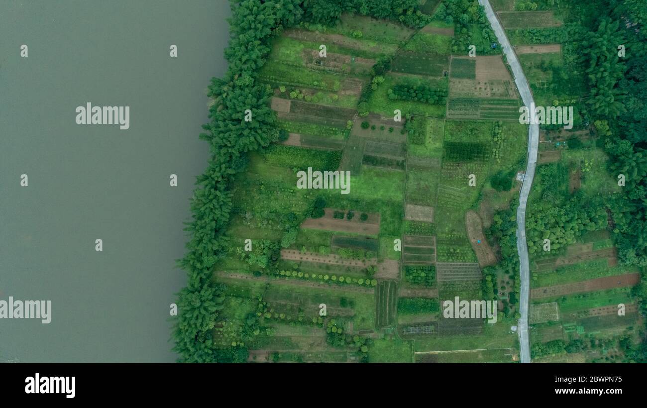 Static vertical top down aerial view of farmland and river Stock Photo ...