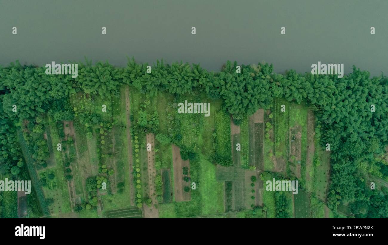 Static vertical top down aerial view of farmland and river Stock Photo ...