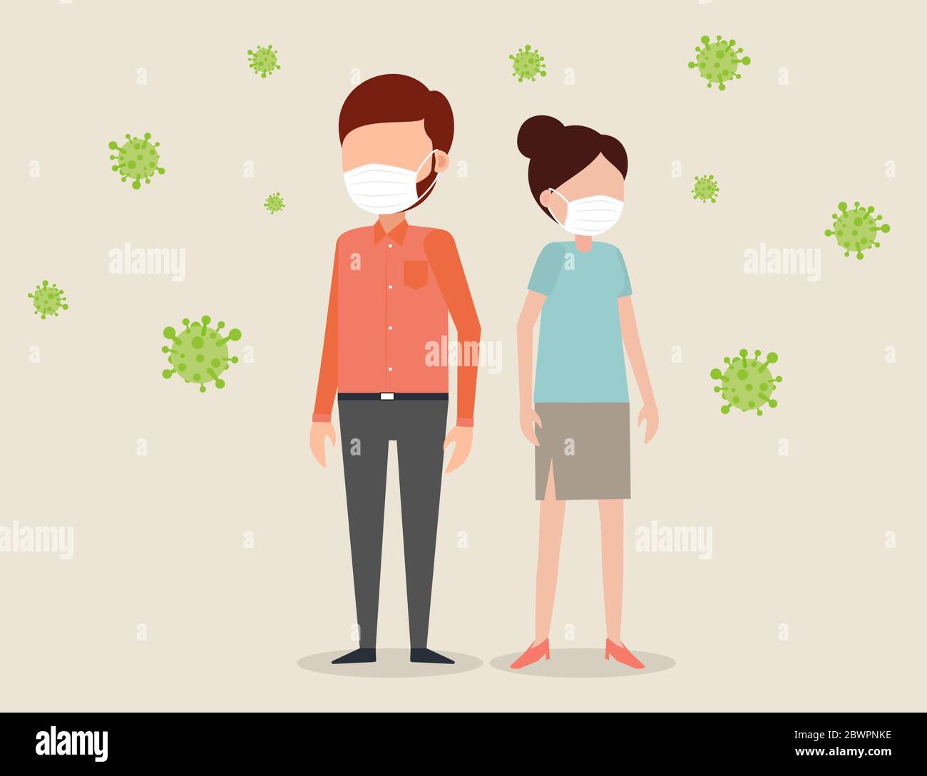 Vector illustrations of man and woman wearing medical masks to prevent ...