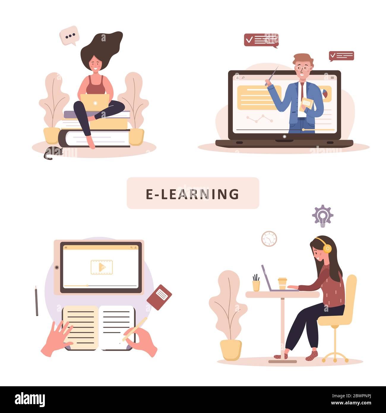 Online education. Flat design concept of training and video tutorials ...