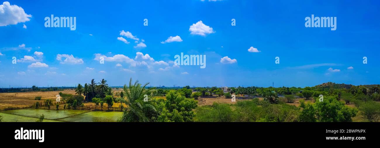 Panoramic landscape aerial view of agriculture land and empty land with ...