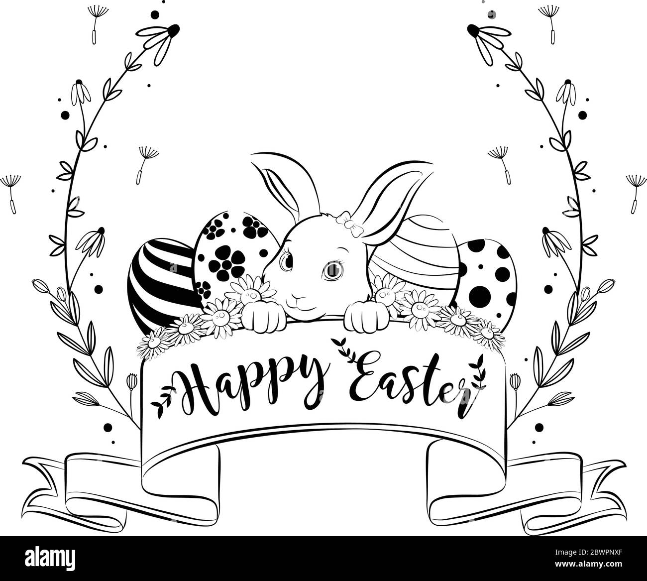 Happy Easter banner with floral wreath frame, hand drawing style ...