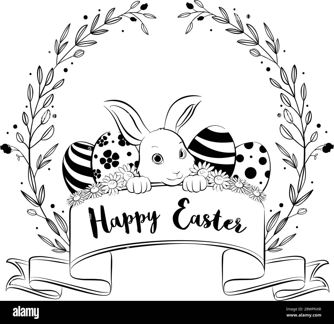 Happy Easter banner with floral wreath frame, hand drawing style ...