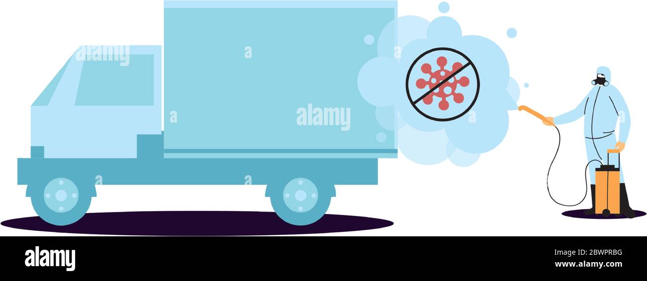 Man wearing protective suit and disinfectant isolated to avoid covid 19 ...