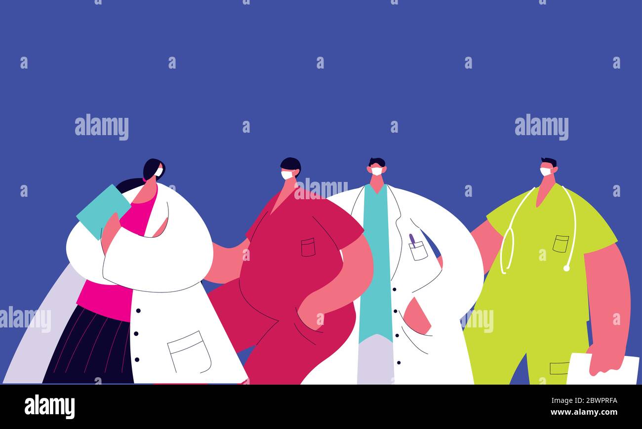 doctors wearing face masks and medical uniforms vector illustration ...