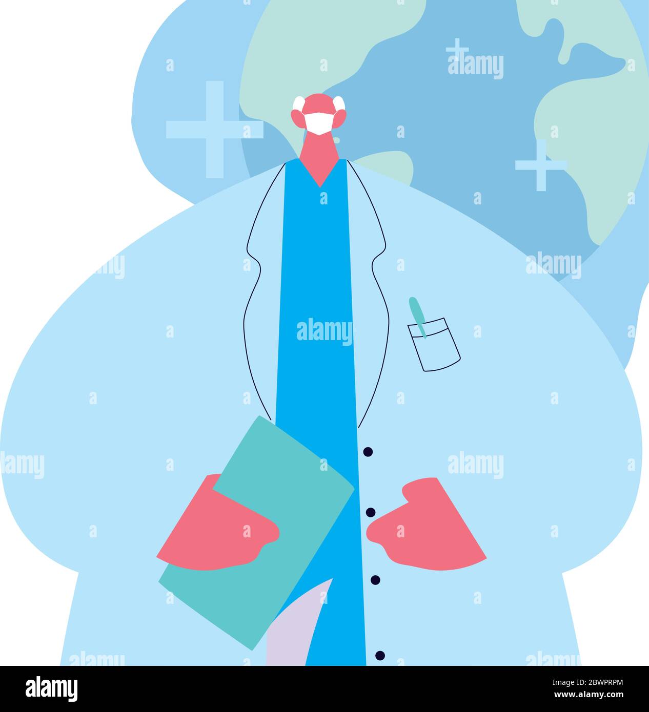 Doctor helping the world with mask and medical gown vector illustration ...
