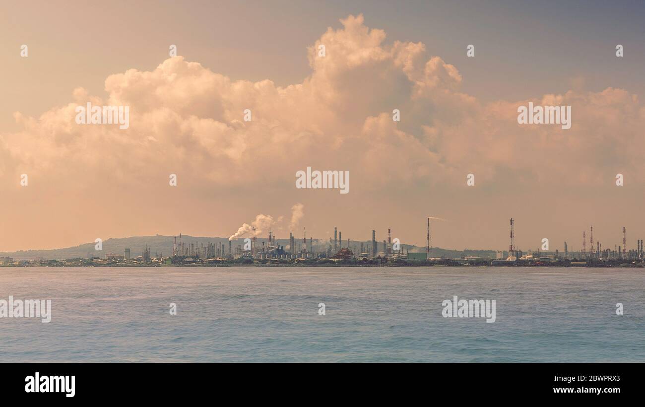 Industrial landscape view from the ocean at power plant form industry ...