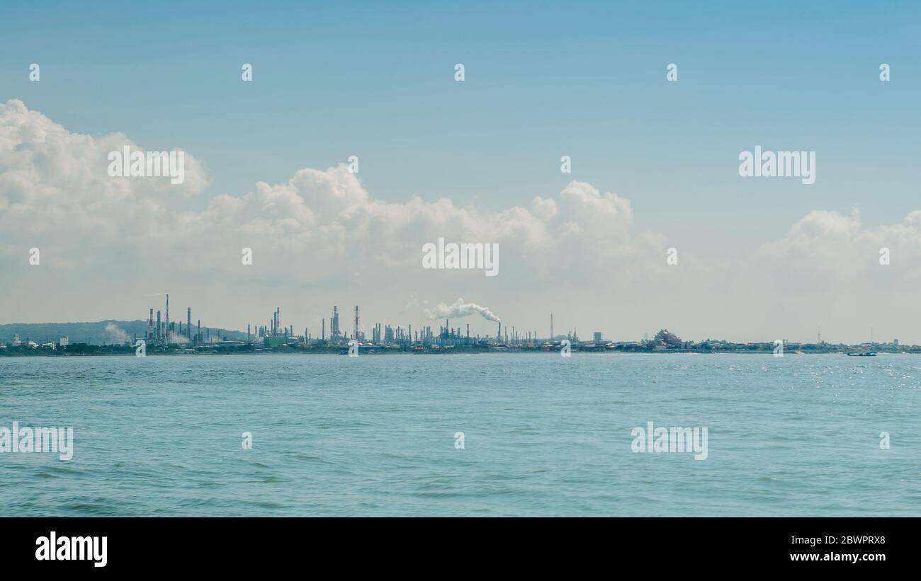 Industrial landscape view from the ocean at power plant form industry ...