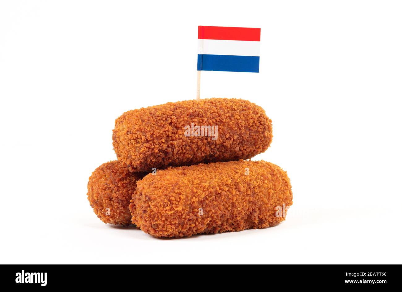 Brown crusty dutch kroketten with dutch flag, isolated on a white ...