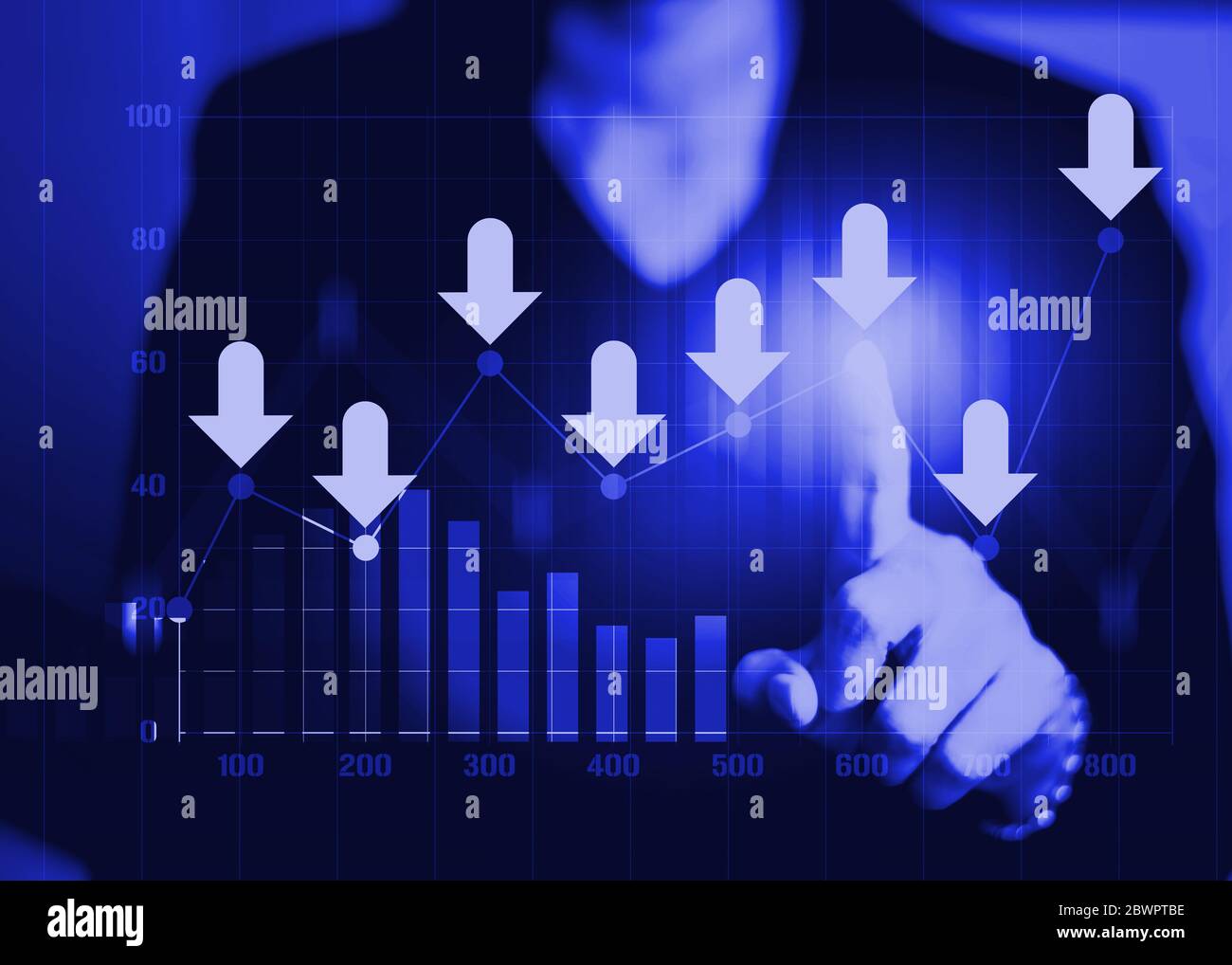 Businesswomen hand touching target arrow button financial graph data ...