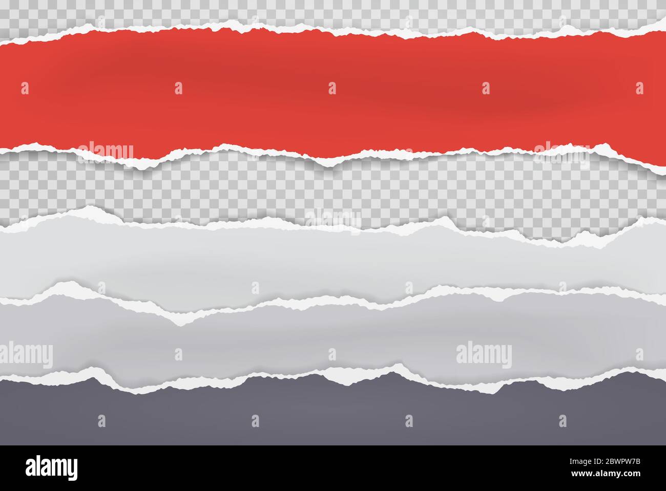 Torn, ripped pieces of horizontal red and white paper with soft shadow ...