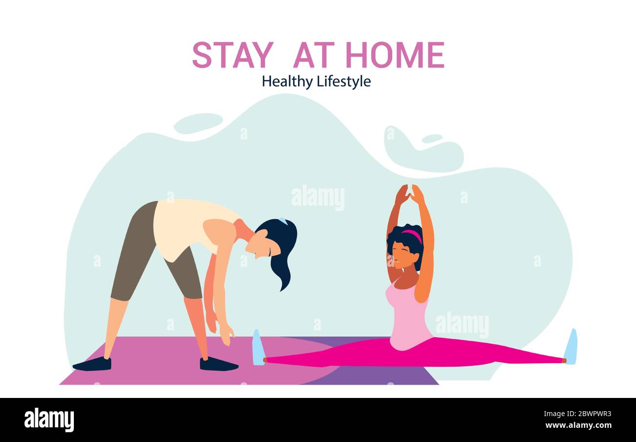 women doing stretching and strength exercise at home vector ...