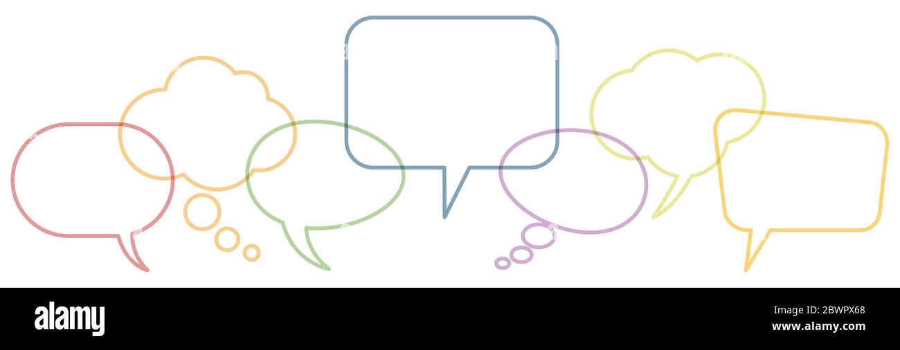 illustration of outlined colored speech bubbles in a row with space for ...