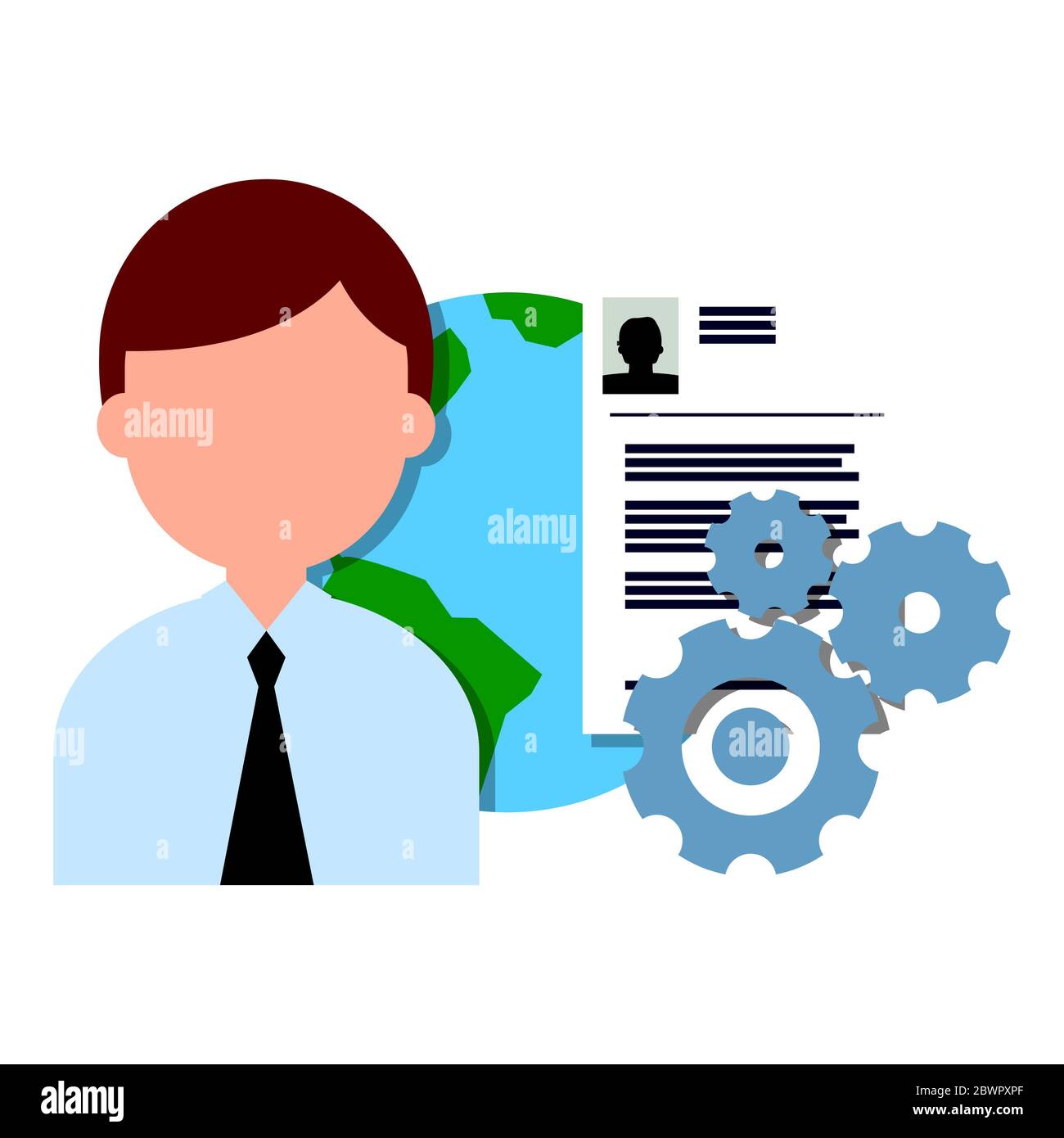 Man with globe, application form and cog wheels Stock Photo - Alamy