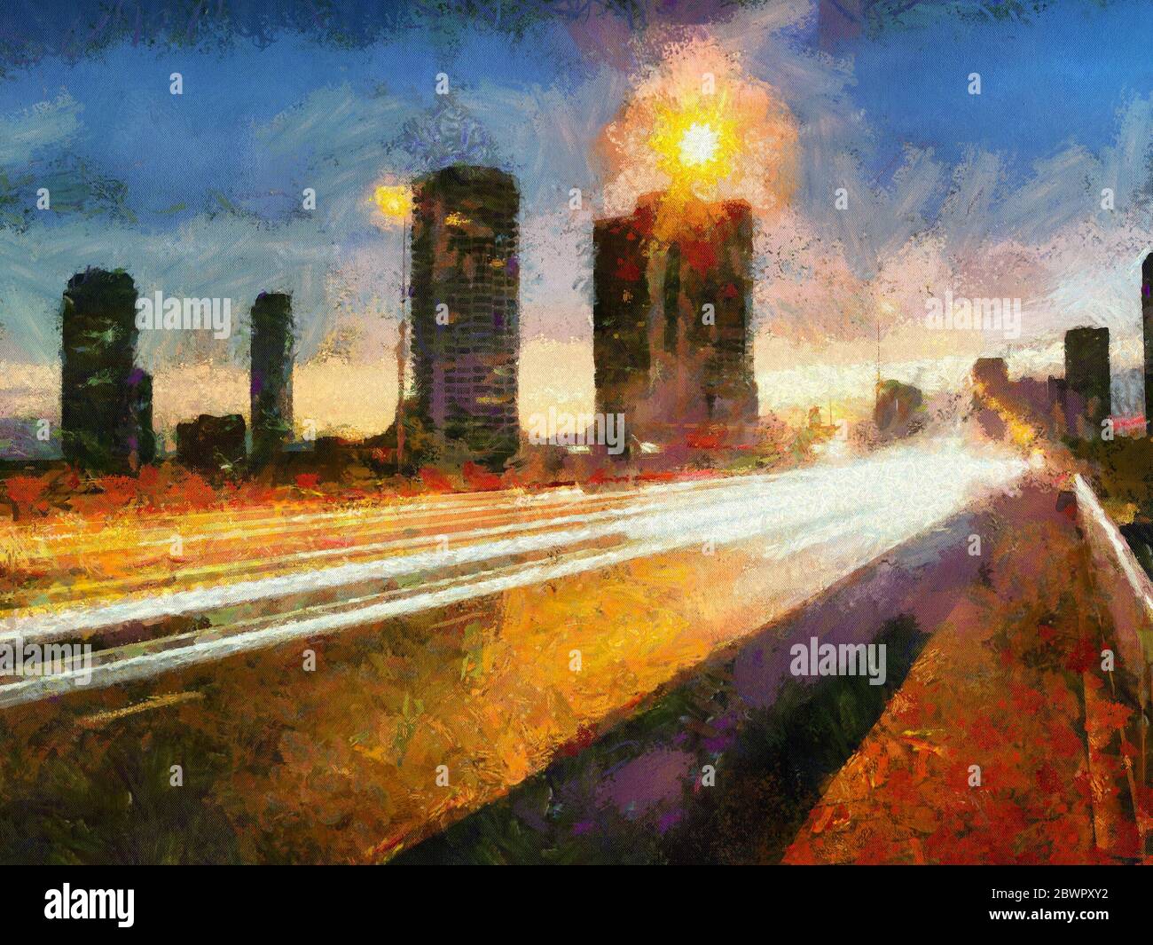 The bridge in the city at night Illustrations creates an impressionist ...