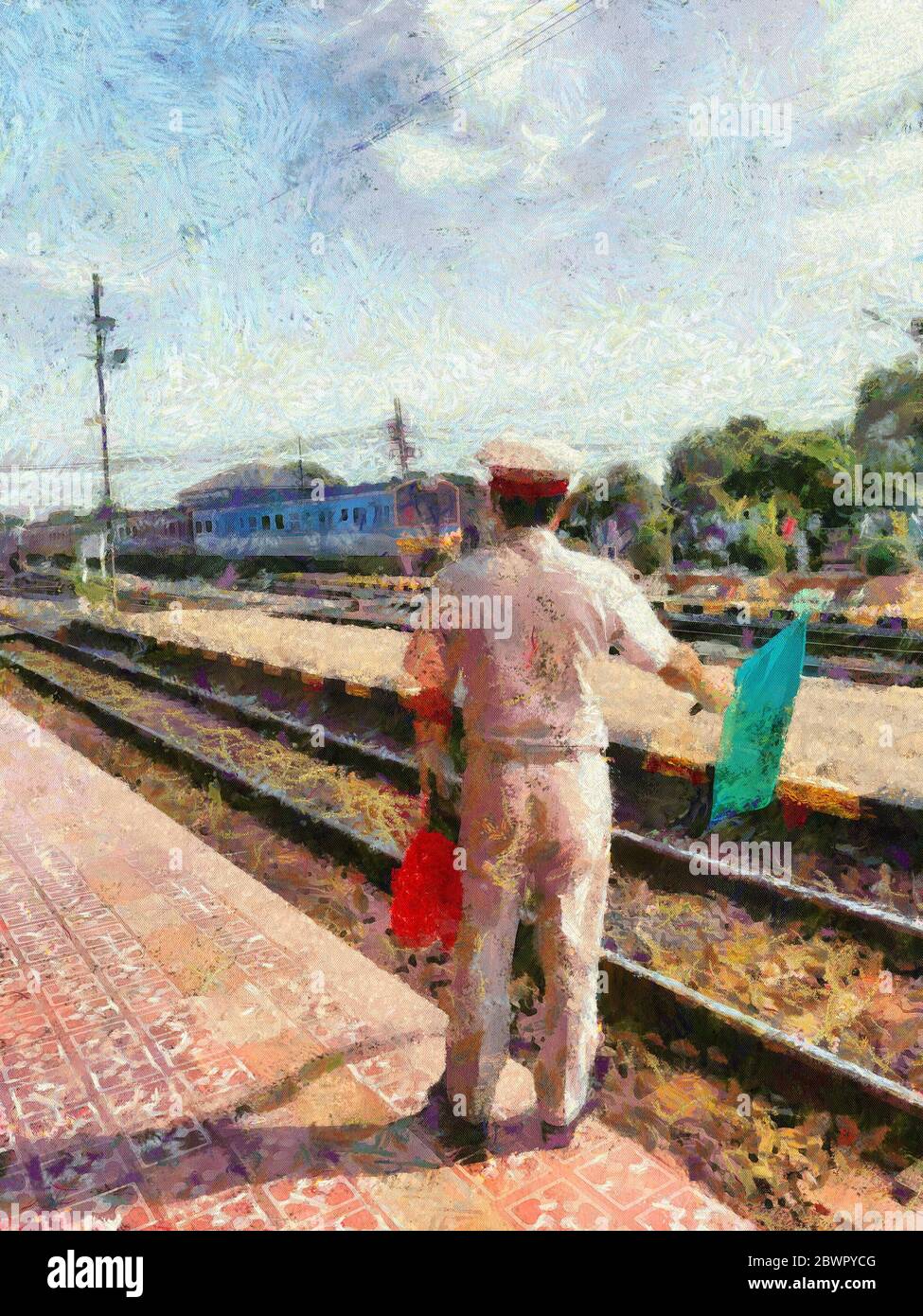 Thai train staff Illustrations creates an impressionist style of ...
