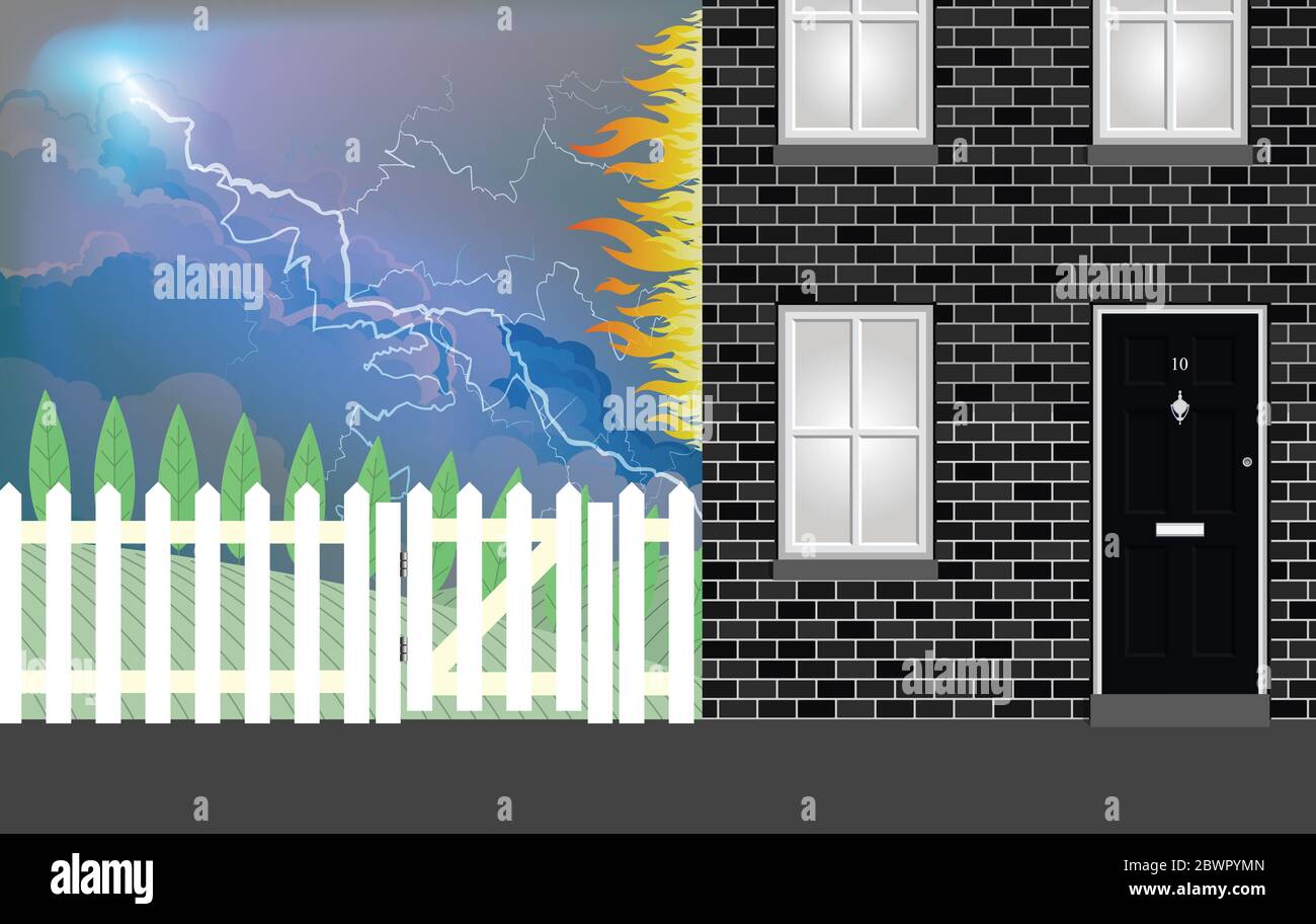 Lightning strike on residential house with building ablaze with flames ...