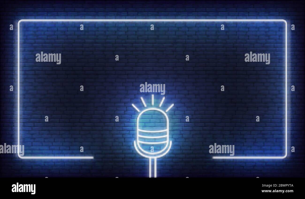 Neon microphone and border frame. Template for podcast, live music ...