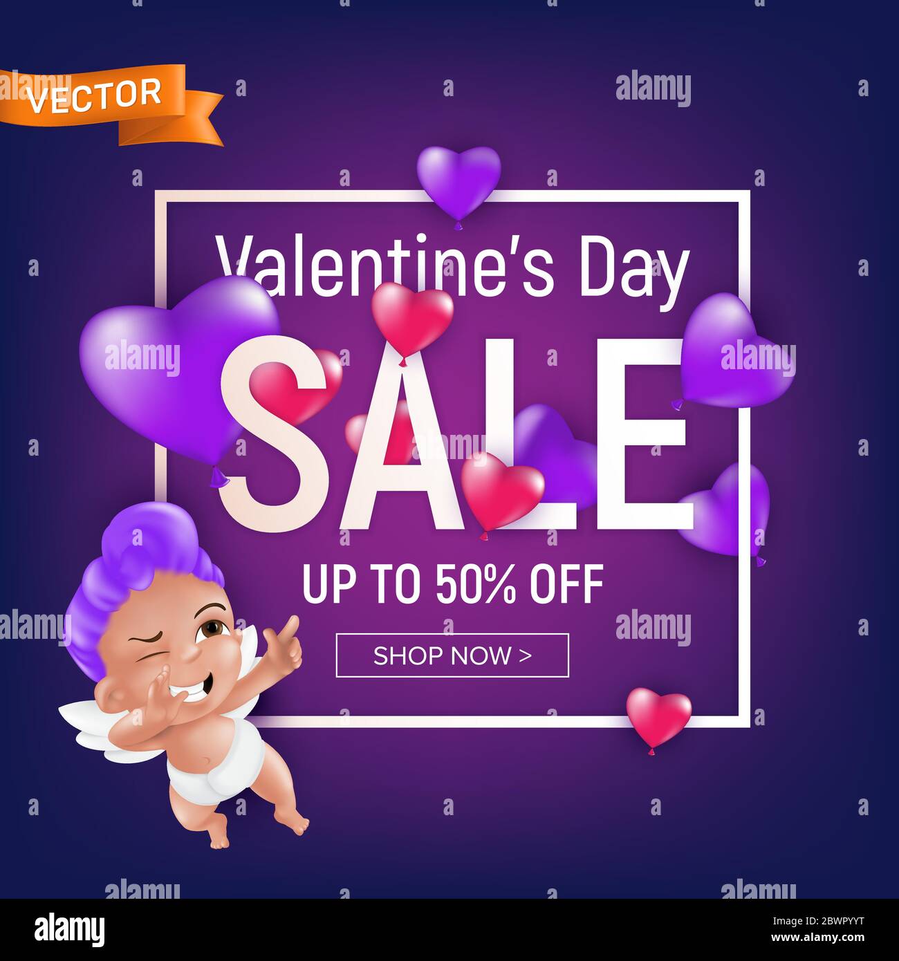 Valentine`s day sale purple banner or flyer design template with cute ...