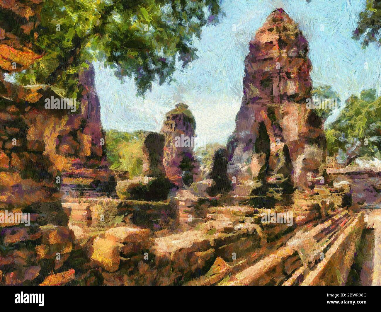 Archaeological site in Ayutthaya Illustrations creates an impressionist ...