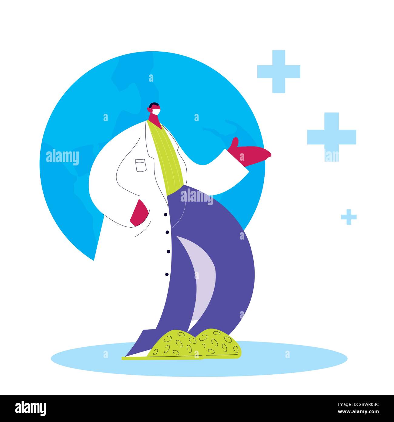 Doctor helping the world with mask and medical gown vector illustration ...