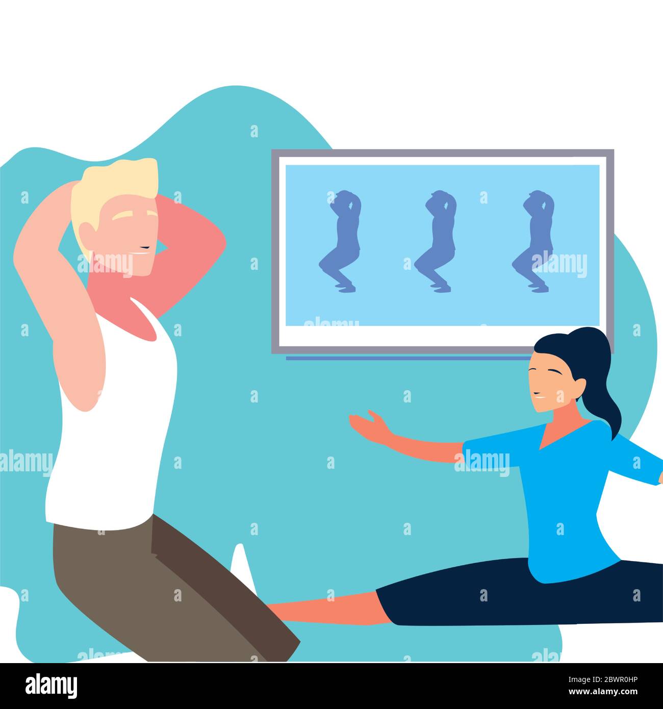 couple doing guided exercises on television vector illustration design ...