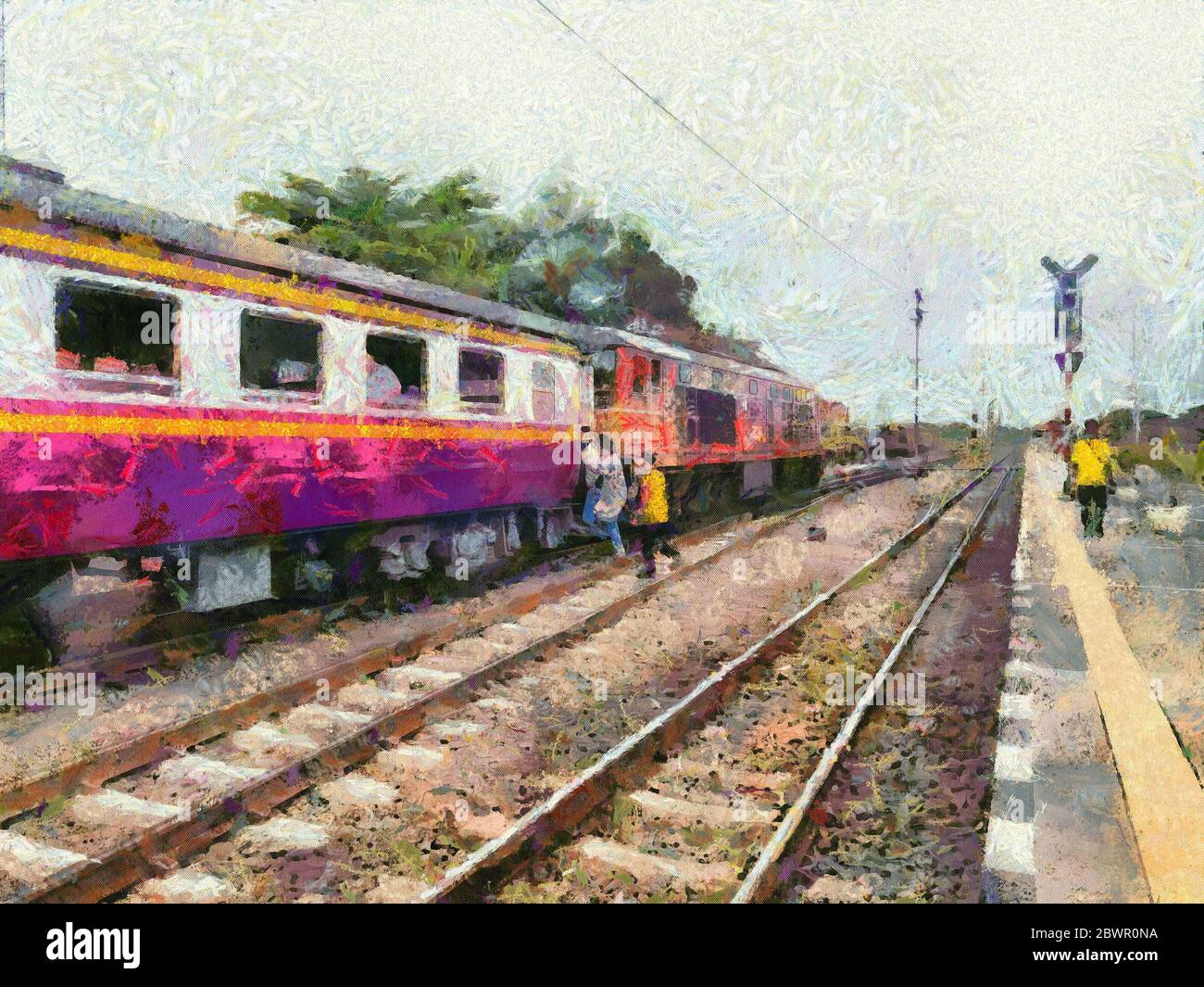 Thai train at train station Illustrations creates an impressionist ...