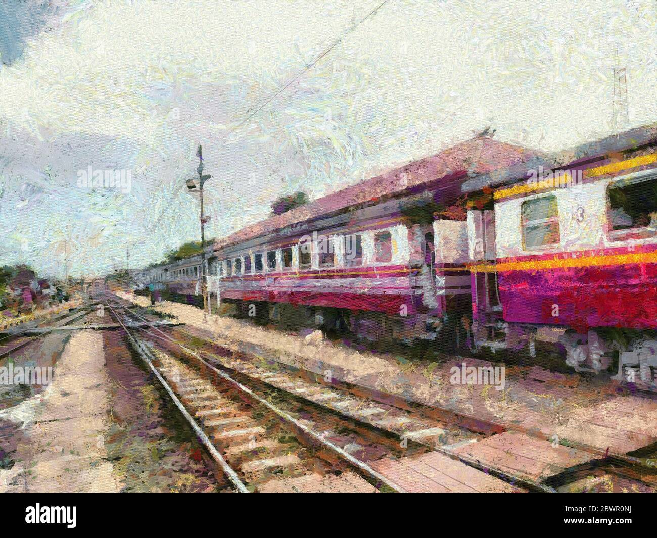 Thai train at train station Illustrations creates an impressionist ...