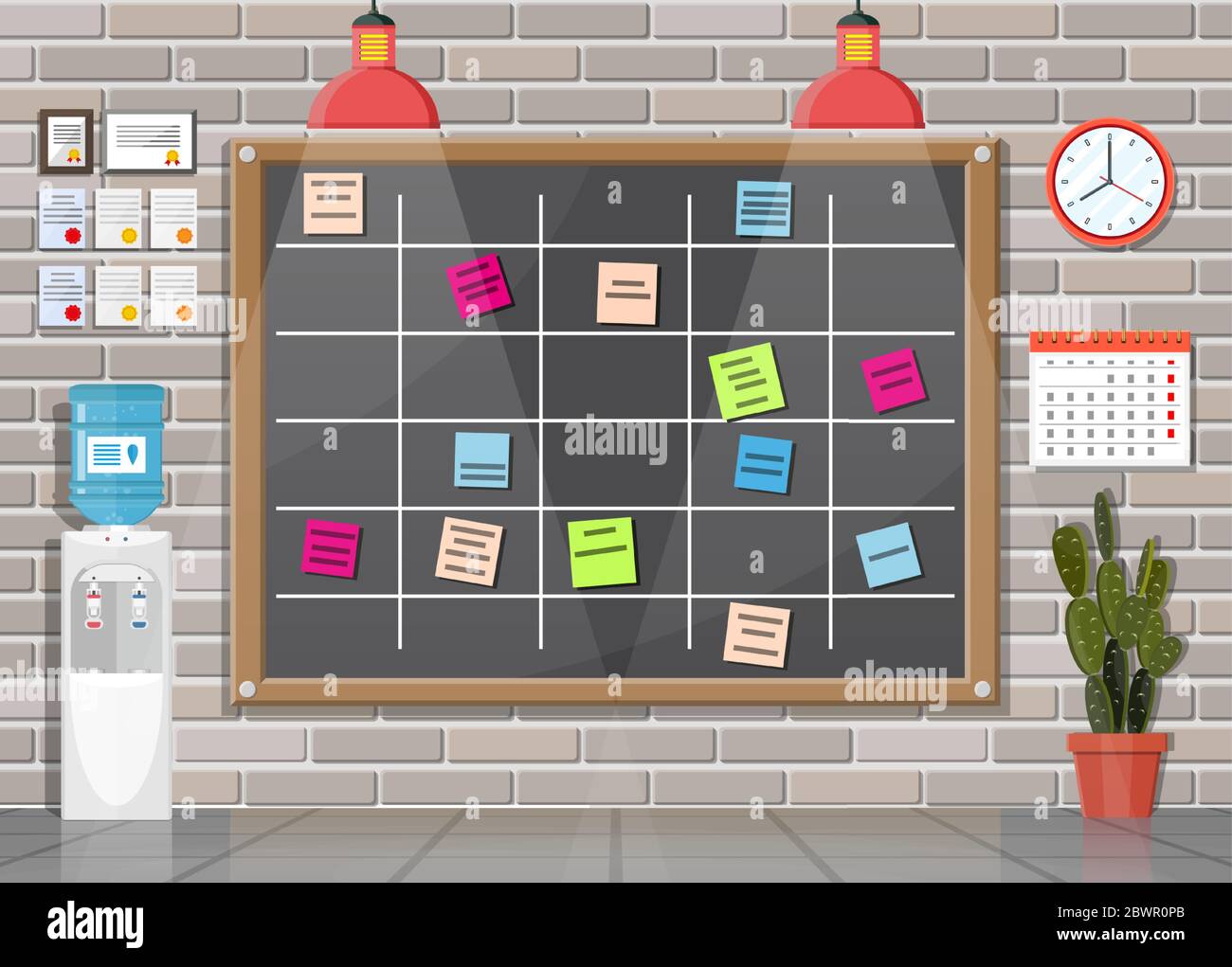Scrum agile board in office interior. Bulletin board hanging on wall ...