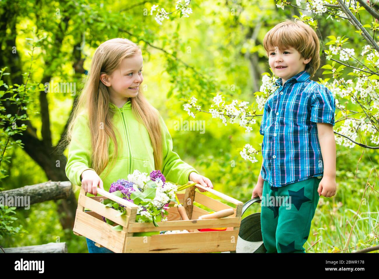 Happy children farmers working with spud on spring field. Active ...
