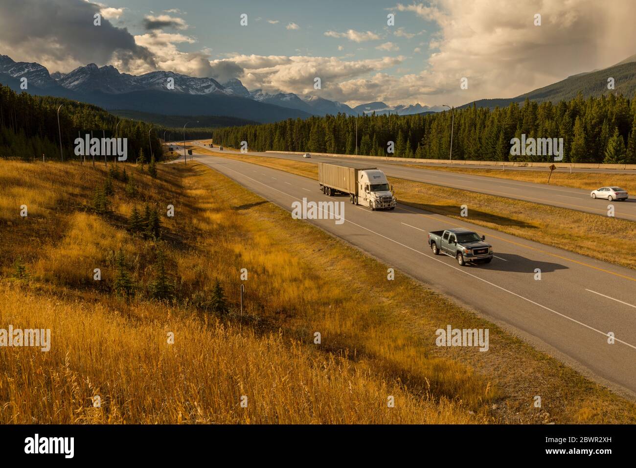 Gathering winter storm and traffic on Trans Canada Highway 1, Canadian ...