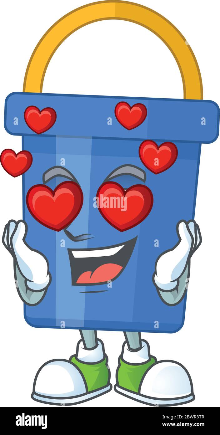 An adorable blue sand bucket cartoon mascot style with a falling in ...