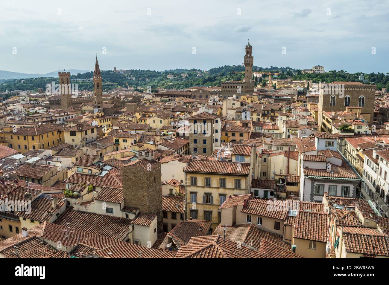 Aerial or bird eye view of Florence cityscape at a bright sunny summer ...