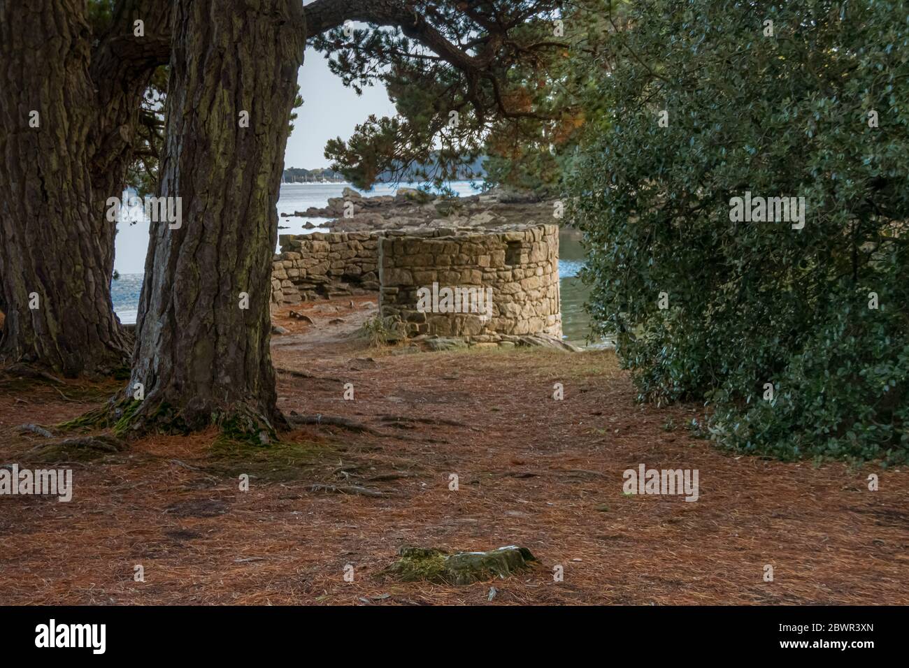 Stone tower on Bender Island in the Gulf of Morbihan. France October ...