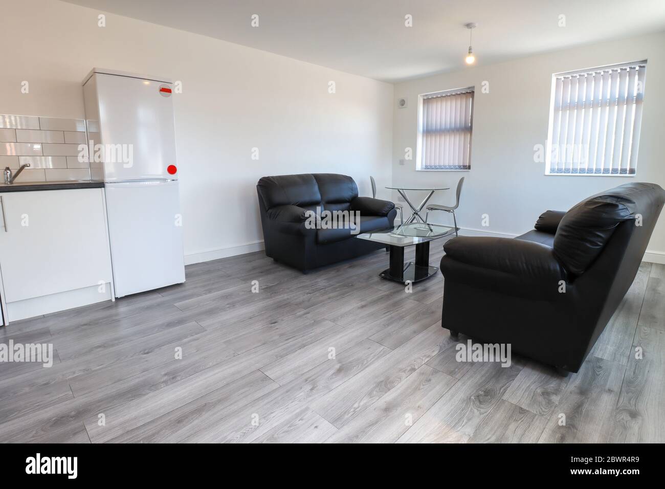 A modern British apartment living room and kitchen with black leather ...