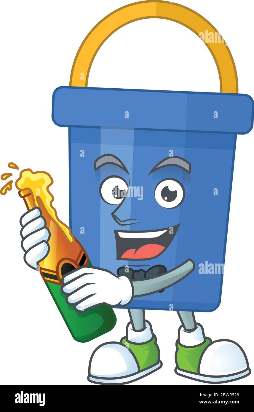 Happy face of blue sand bucket cartoon design toast with a bottle of ...