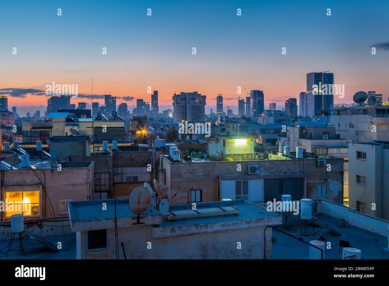 View of Tel Aviv skyline at sunrise, Jaffa visible in the background ...