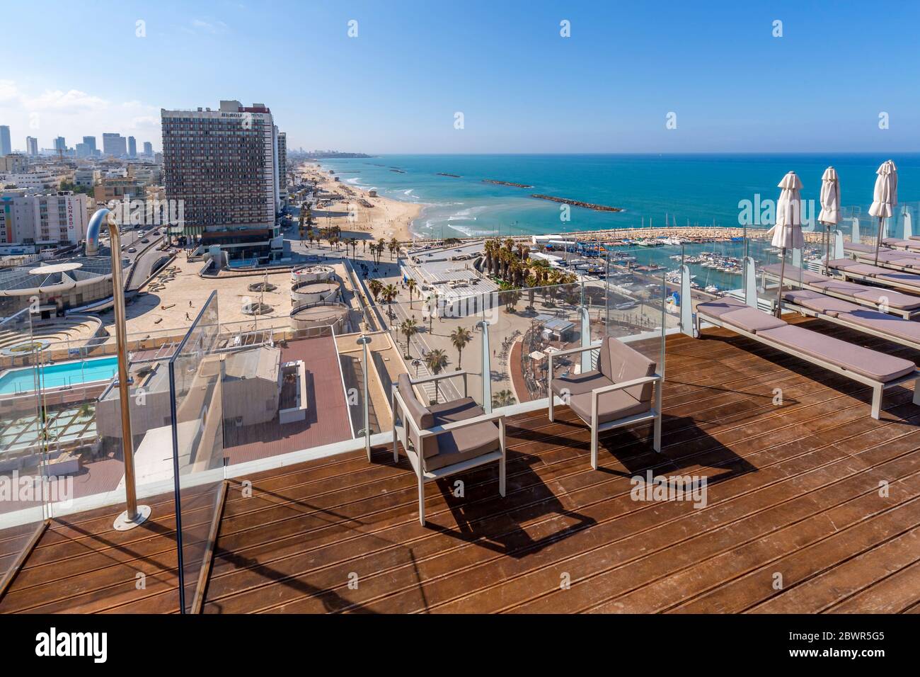 View of city skyline from hotel terace, Tel Aviv, Israel, Middle East ...