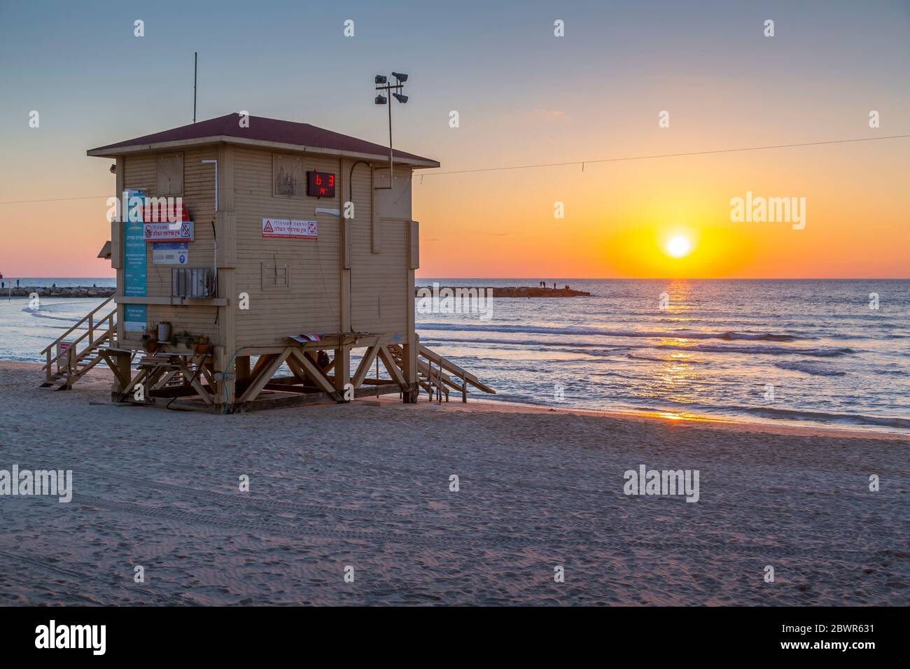 View of Lifeguard Watchtower at sunset on Frishman Beach, Hayarkon ...